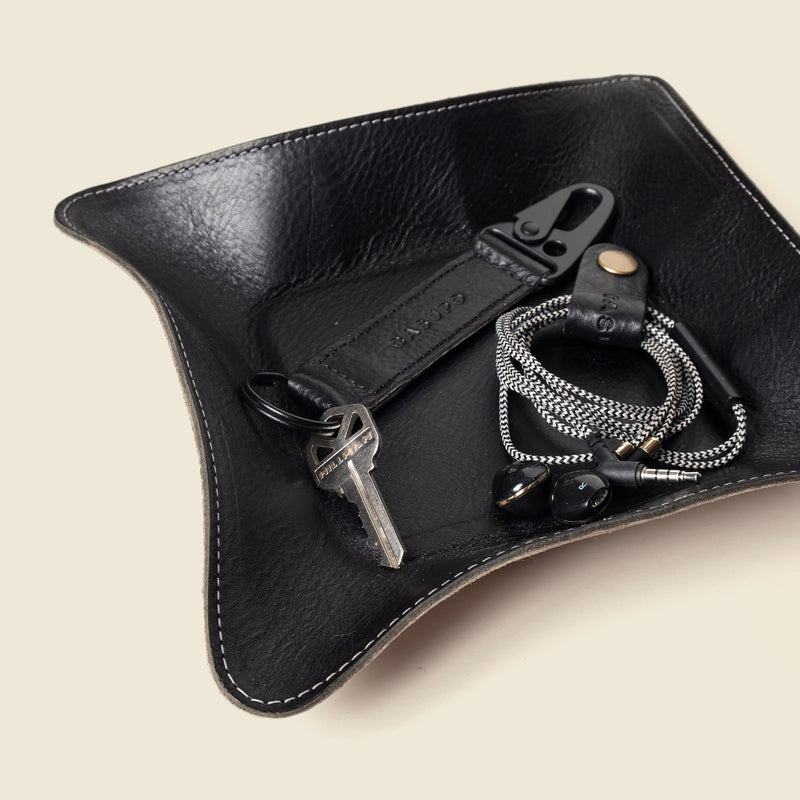 Black leather catch-all tray for keys